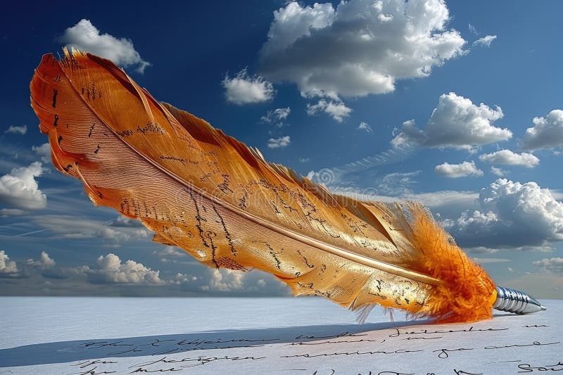 Golden Quill Pen Writing on Paper Under Blue Sky with Clouds Stock ...