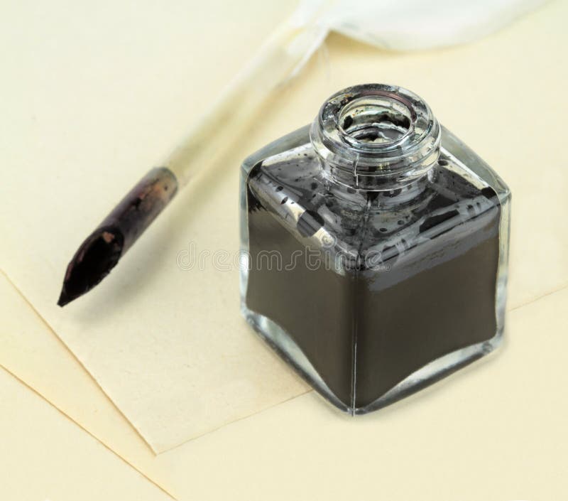 Quill Pen and Glass Ink Bottle with Paper Stock Photo - Image of ...