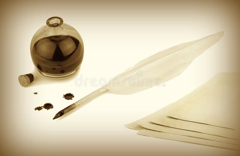 Quill Pen and Glass Ink Bottle with Paper Stock Photo - Image of ...