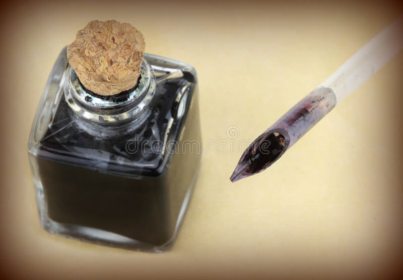 Quill Pen, Glass Ink Bottle and Parchment Stock Photo - Image of ...
