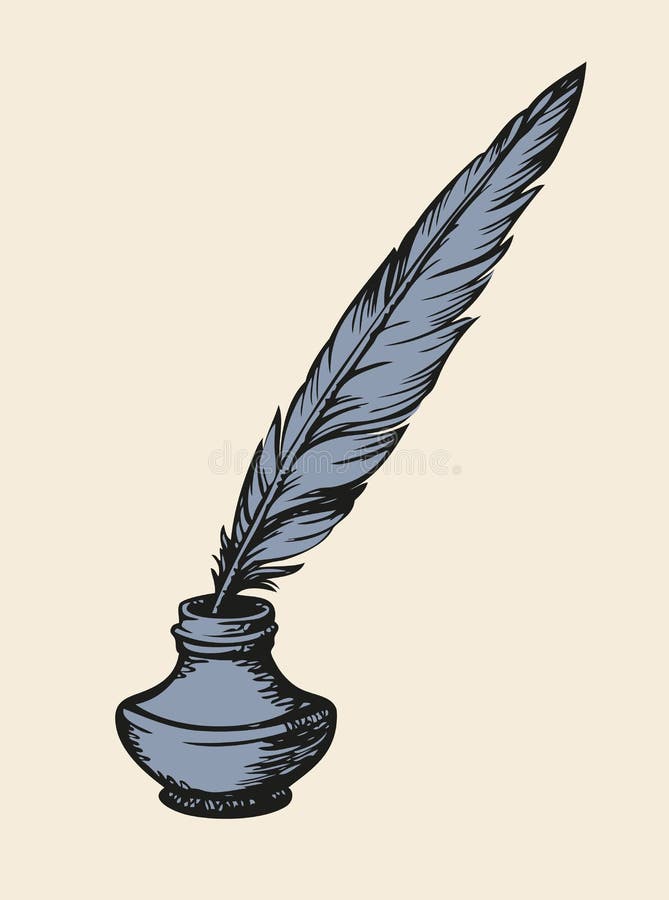 Quill Pen in Inkpot. Vector Sketch Stock Vector - Illustration of ...
