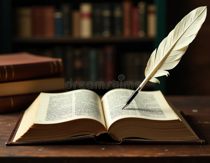 Quill Pen on Open Book in Library Stock Illustration - Illustration of ...