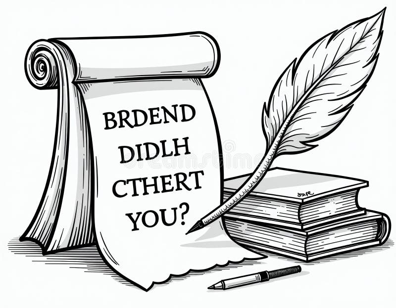 Quill Pen, Scroll, and Books - Hand-Drawn Illustration Stock ...