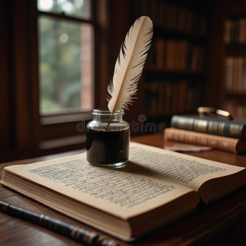 A Quill Rests in an Ink Pot on an Open Book, Set in a Warm Library with ...