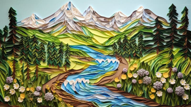 Quilled Paper Landscape with Mountains, River, and Forest Stock ...