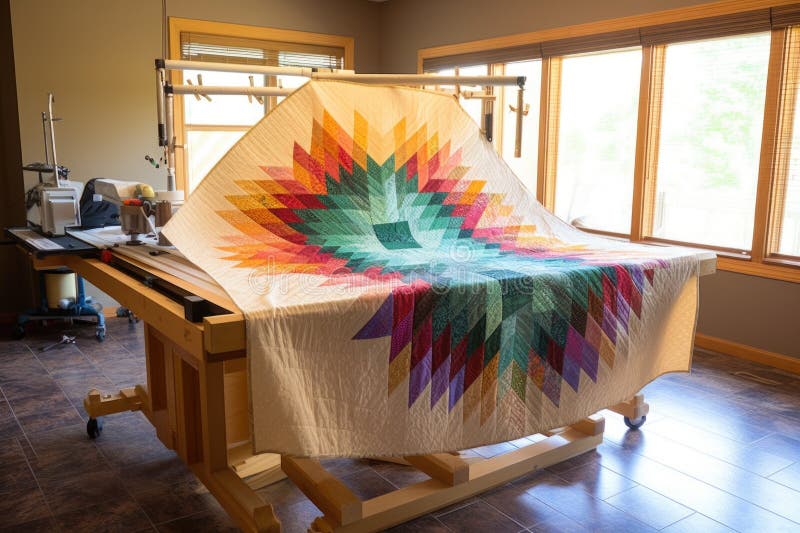 Quilt in Progress on a Wooden Quilting Frame Stock Photo - Image of ...