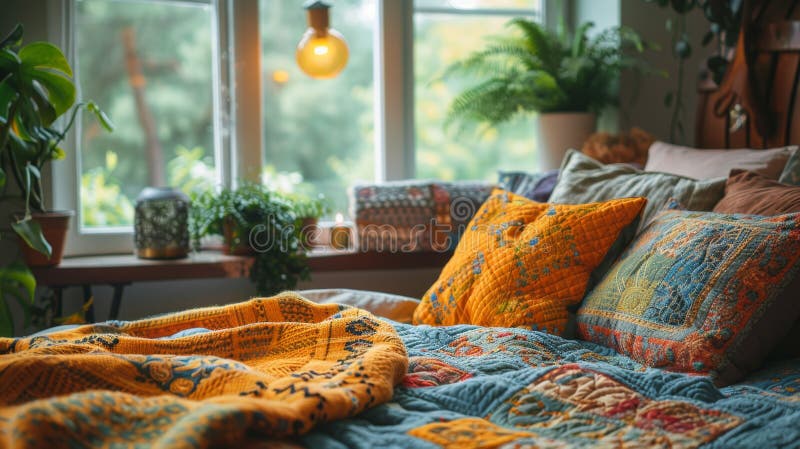 Quilted Comfort, a Patchwork Quilt Elegantly Draped Over a Bed, Adding ...