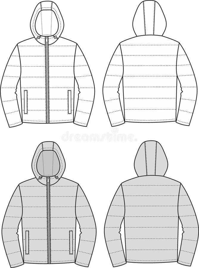 Quilted Down Jacket Flat Sketch. Winter Outerwear Apparel Design. Front ...