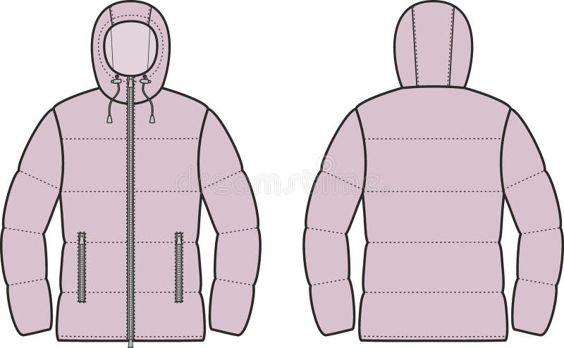Quilted Down Jacket Flat Sketch. Winter Outerwear Apparel Design. Front ...