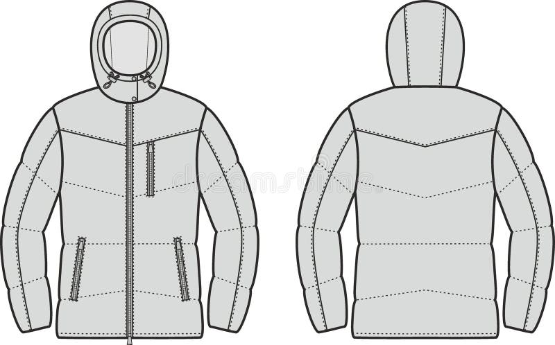 Quilted Down Jacket Flat Sketch. Winter Outerwear Apparel Design. Front ...