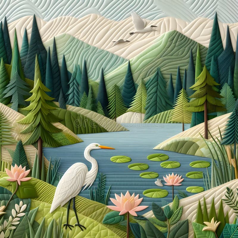 Quilted Paper Landscape with Water Lilies and Heron. Stock Illustration ...