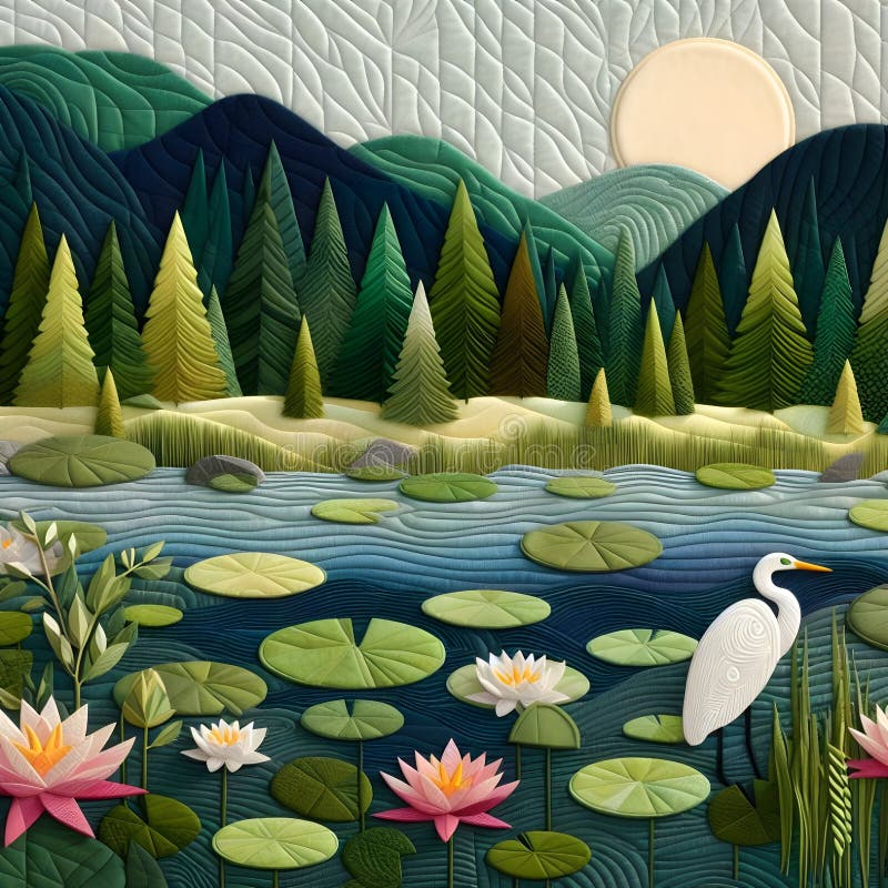 Quilted Paper Landscape with Water Lilies and Heron. Stock Illustration ...