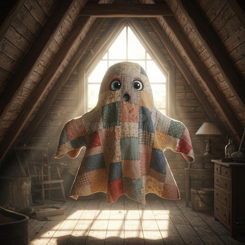 A Quilted, Patchwork Ghost with Large Animated Eyes is Floating in a ...