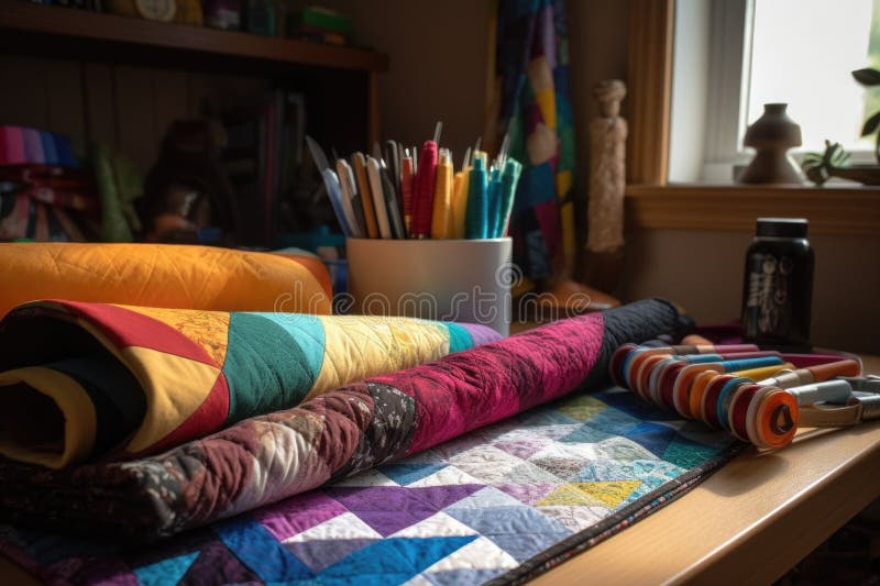 Quilting Supplies beside a Partially Finished Quilt Stock Illustration ...