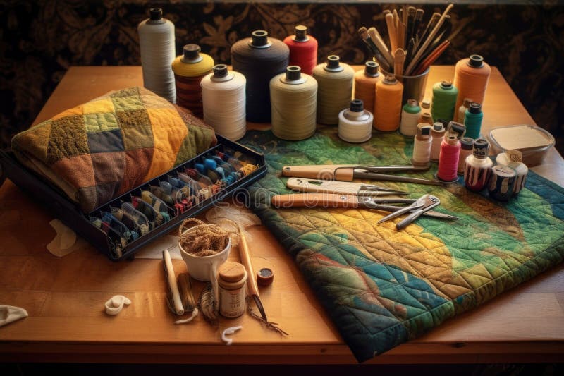 Quilting Tools and Materials on a Crafting Table Stock Illustration ...