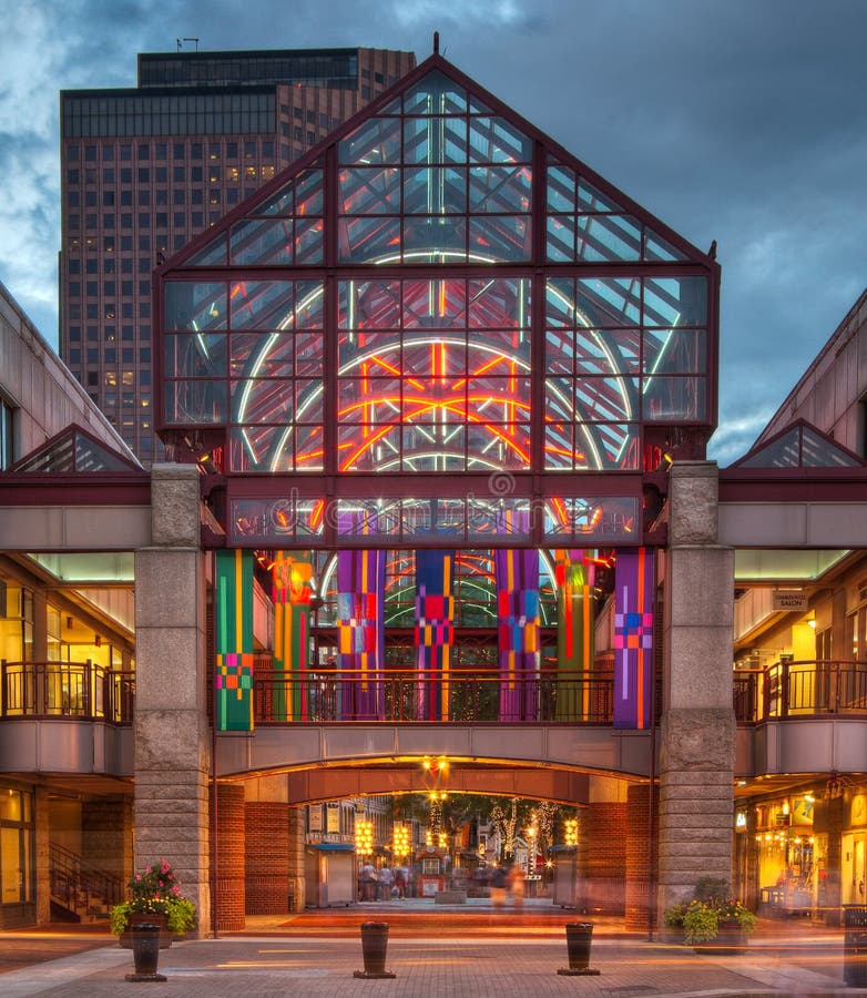Quincy Market Entrance at Dusk Stock Photo - Image of customs, bustle ...