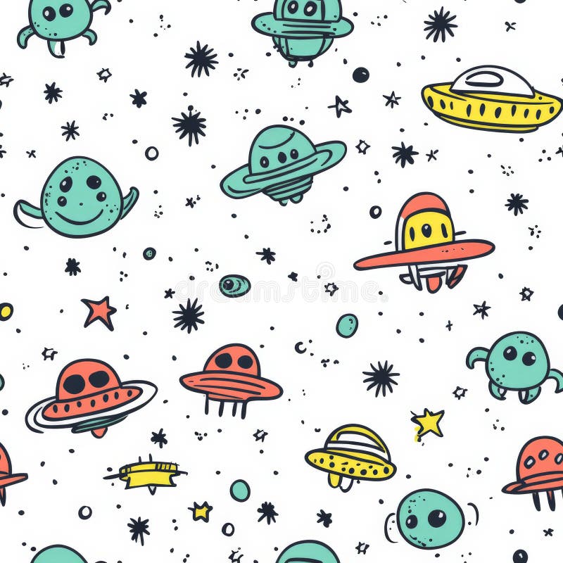 A Quirky Alien and UFO Doodle Pattern with Tiny Flying Saucers and ...