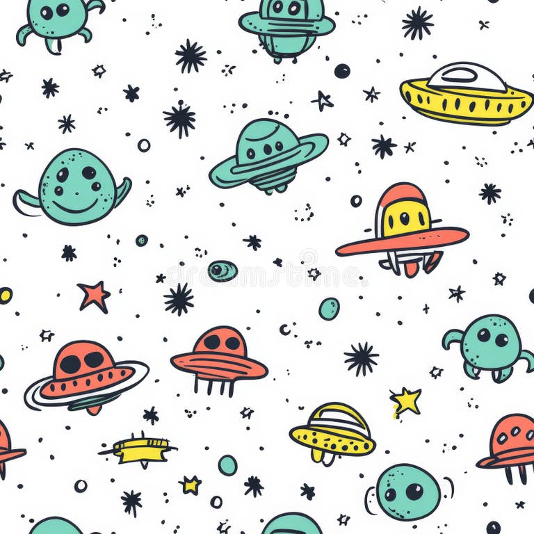 A Quirky Alien and UFO Doodle Pattern with Tiny Flying Saucers and ...