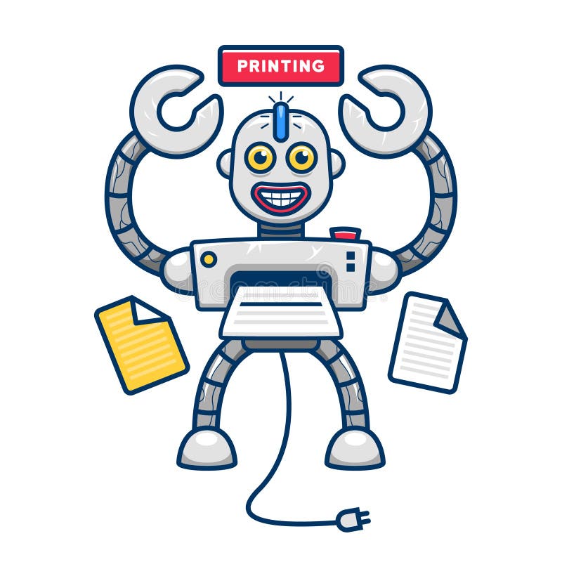 Quirky Funny Printer Robot Mascot Character Illustration Vector Stock ...