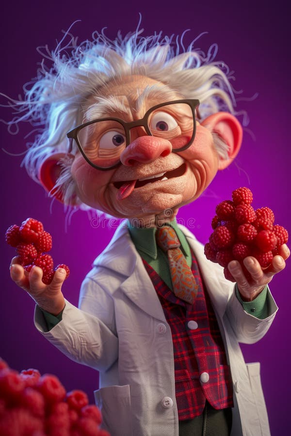 Quirky Scientist With Wild Hair Holding Raspberries In Colorful Lab Coat And Tie On Vibrant