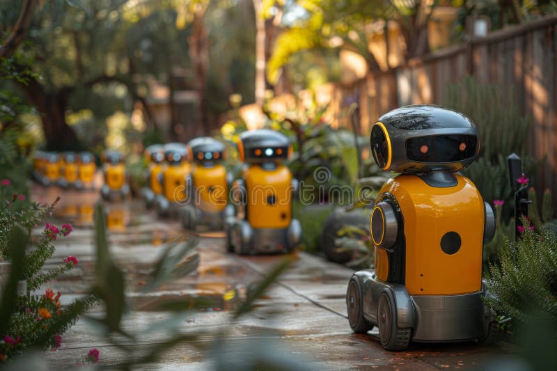 A Quirky Sight Greets Passersby - a Row of Yellow Robots Perched on a ... A Quirky Sight Greets Passersby - a Row of Yellow Robots Perched on a ...