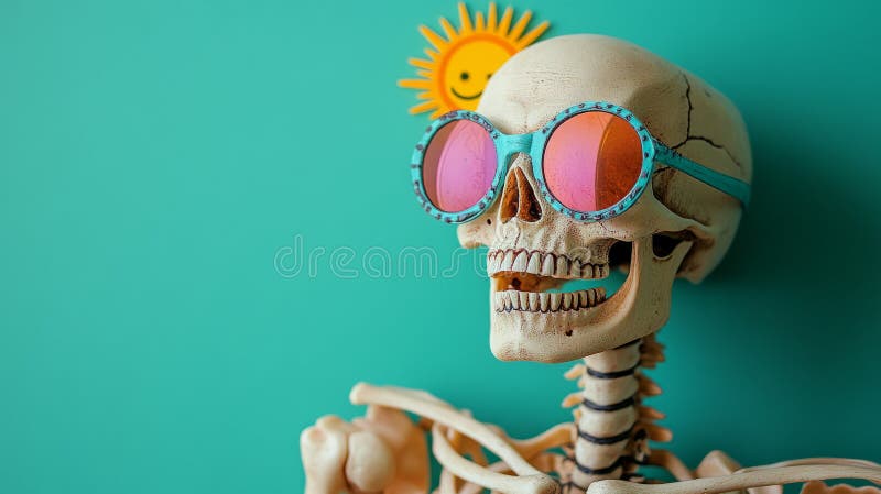 Quirky Skeleton with Sunglasses Under a Smiling Sun on Turquoise. Stock ...