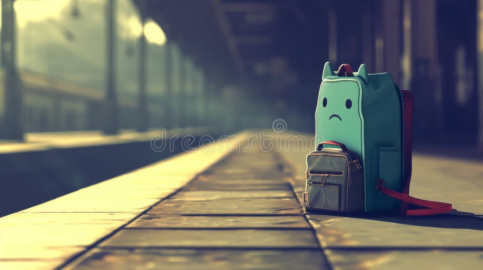 Quirky Turquoise Backpack on Empty Train Platform Stock Photo - Image ...
