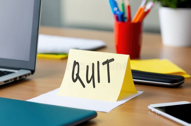 Quit Text Words Phrase on a Sticker on the Office Desk Stock ...