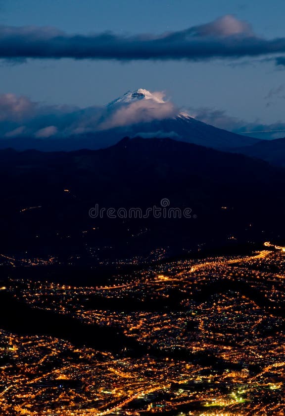 Quito at Night with Cotopaxi Mountain Stock Image - Image of landscape ...
