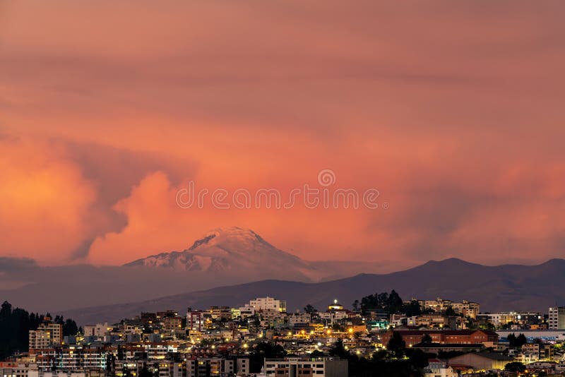 Quito Sunset Cityscape and Cayambe Volcano, Ecuador Stock Image - Image ...