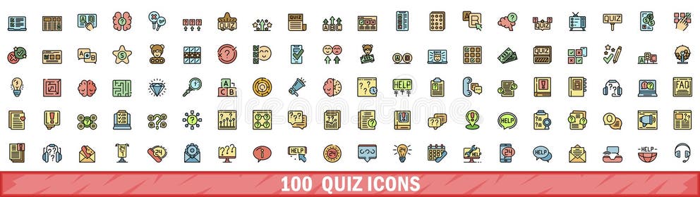 100 Quiz Icons Set, Color Line Style Stock Vector - Illustration of ...