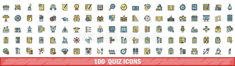 100 Quiz Icons Set, Color Line Style Stock Vector - Illustration of ...