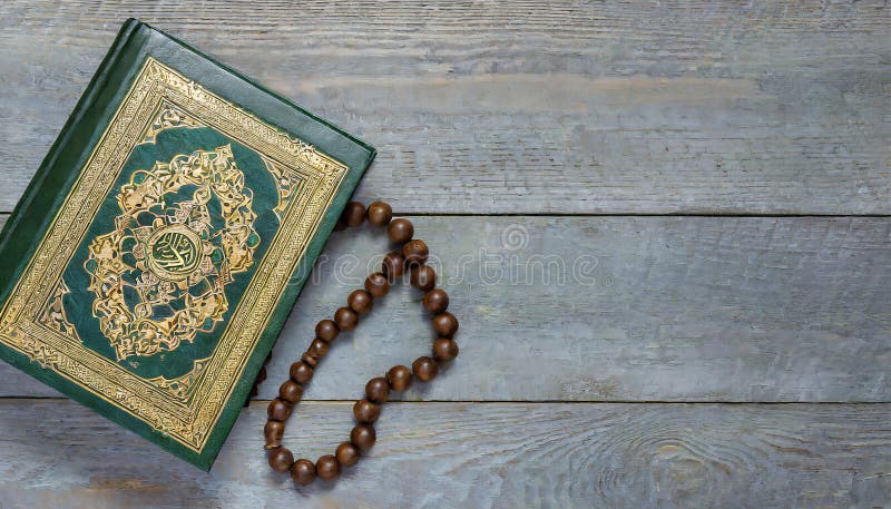 Quran and Beads on Wooden Table Stock Illustration - Illustration of ...