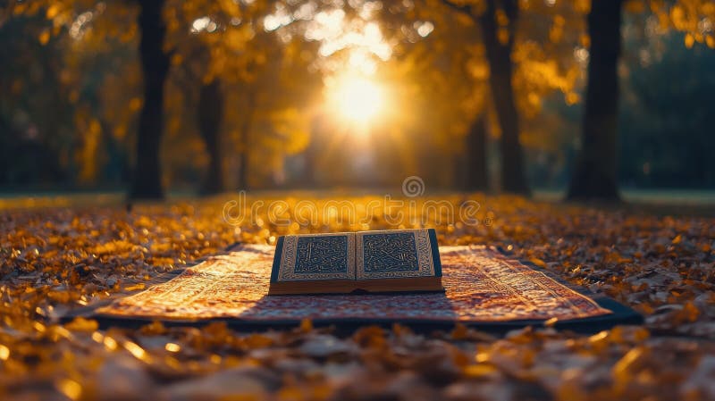 Quran Resting Decorative Rug Beneath Trees Sunset Serene Outdoor ...