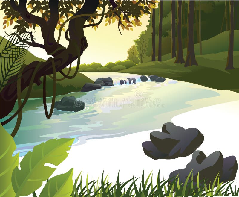 River , Hills and Rocks Landscape Stock Vector - Illustration of bush ...