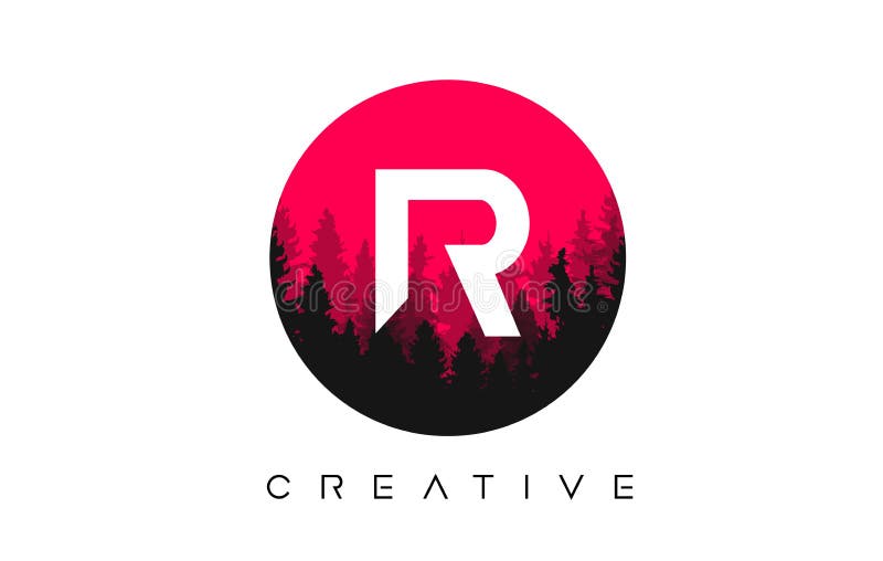 R Letter Logo Design with Pine Forest Vector Shapes and Red Circular ...
