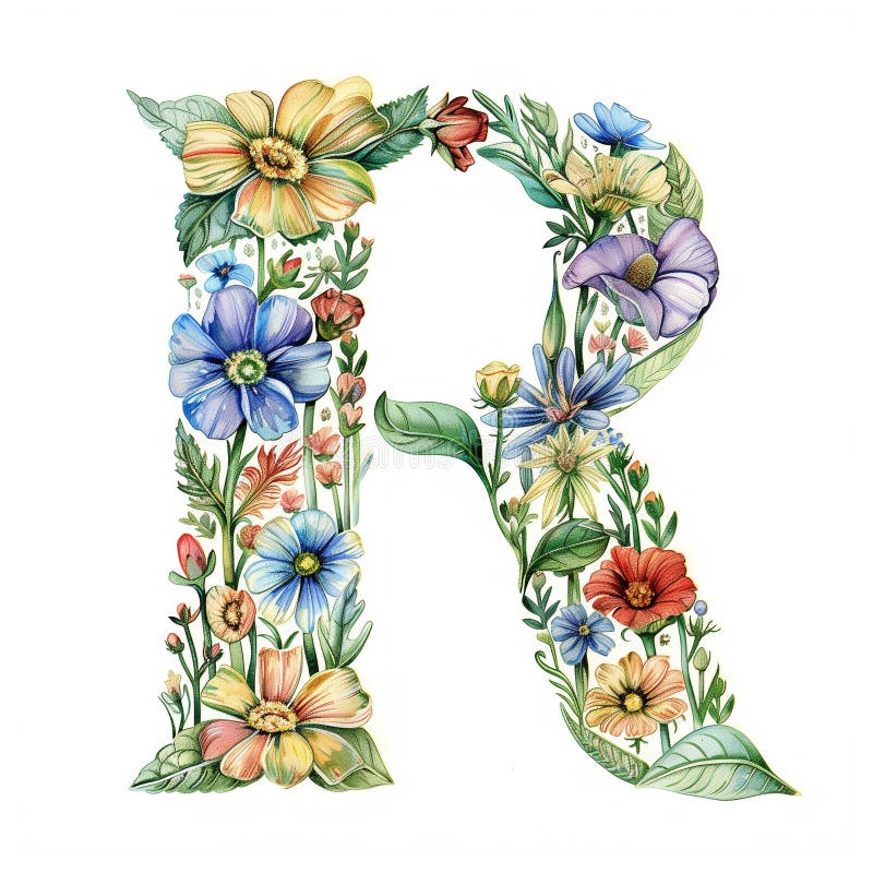 R Letter with Summer Flowers. AI Generated. Stock Illustration ...