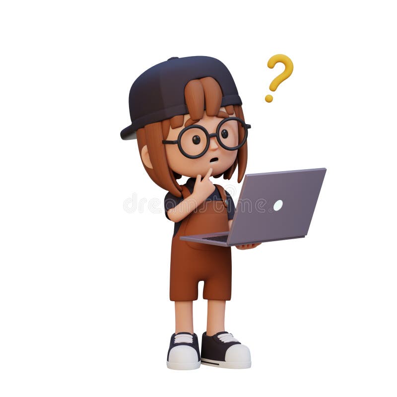 3D Cute Girl Character Confused on a Laptop Stock Image - Illustration ...