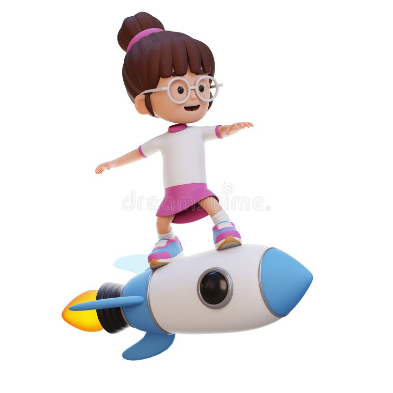 3D Girl Character Standing Riding a Rocket Stock Photo - Illustration ...