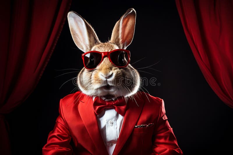 Rabbbit in red suit stock illustration. Illustration of curtain - 315654625