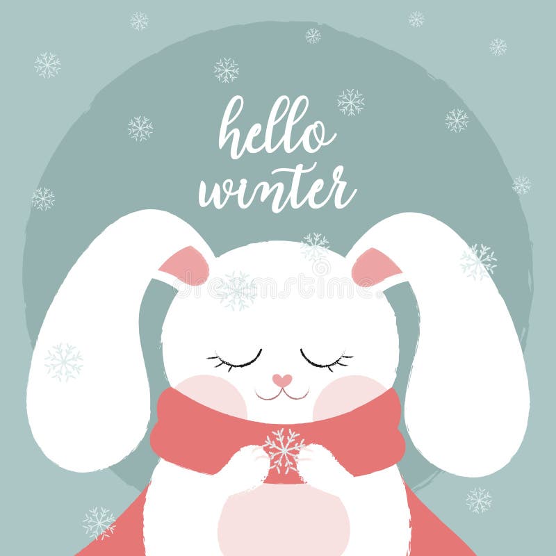 Lettering Hello Winter. Postcard with a Cute Rabbit Stock Vector ...