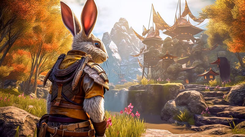 A Rabbit in Adventure Gear Standing in an Open-World Environment ...