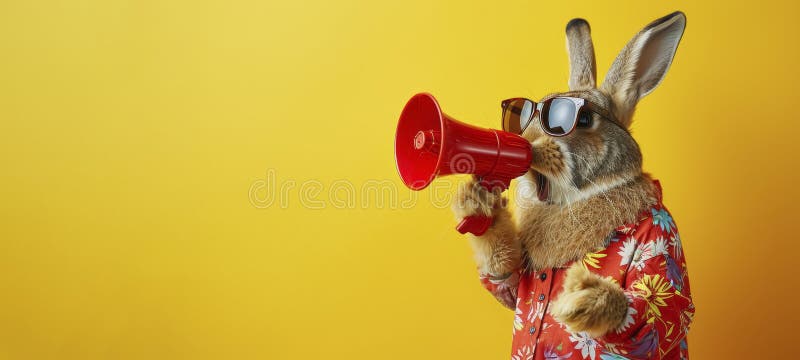 Rabbit Announcing in Tropical Shirt on Yellow Stock Photo - Image of ... Rabbit Announcing in Tropical Shirt on Yellow Stock Photo - Image of ...