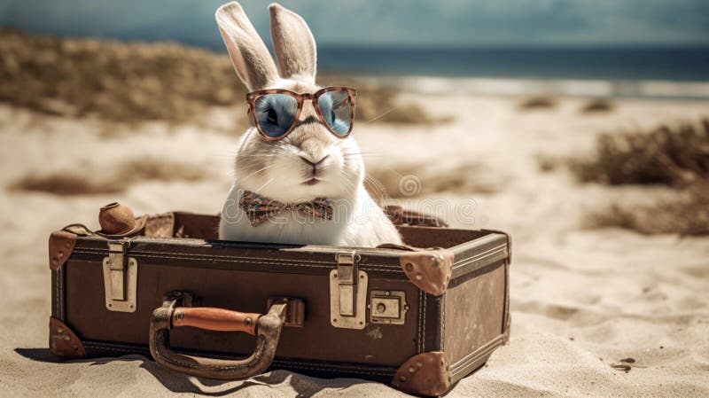 Rabbit Baby Bunny in Old Suitcase on the Beach . Generative Ai Stock ...