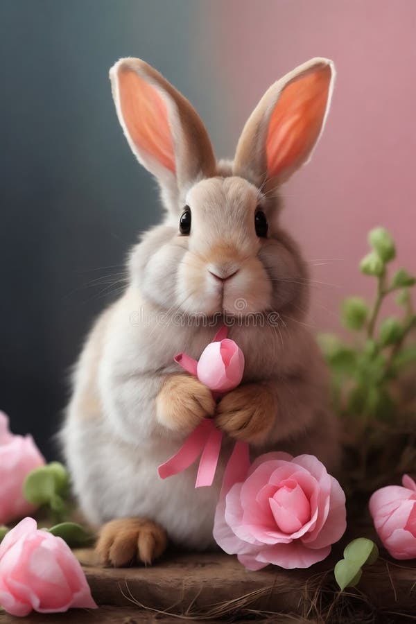 Rabbit on a Background of Pink Flowers Graphics for Easter Stock Image ...