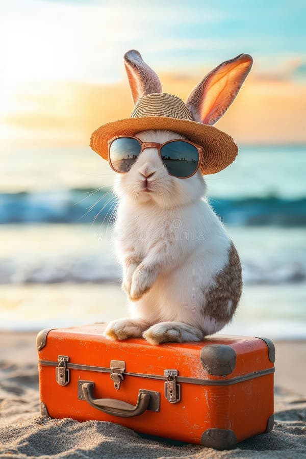 Rabbit on the Background of the Sea with a Suitcase. Selective Focus ...