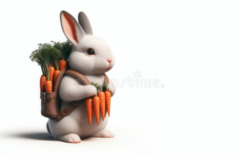 Rabbit with a Backpack Filled with Carrots on a White Background. Space ...