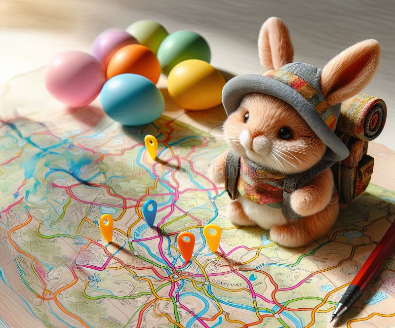 A Rabbit with a Backpack and a Hat Sitting on a Map with Places Marked ...