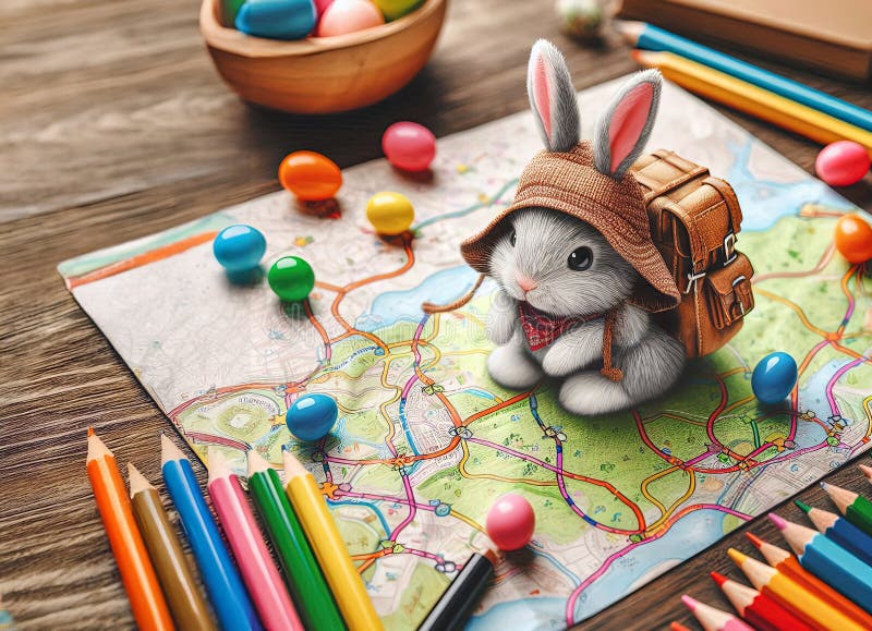 A Rabbit with a Backpack and a Hat Sitting on a Map with Places Marked ...