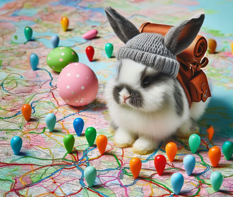 A Rabbit with a Backpack and a Hat Sitting on a Map with Places Marked ...